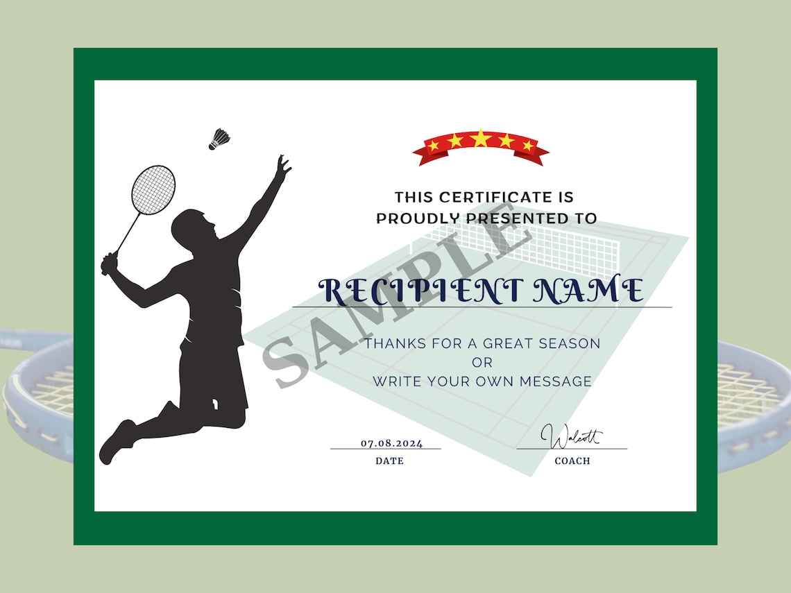 Badminton Award Certificate Template, Editable Sports Recognition (PDF ...