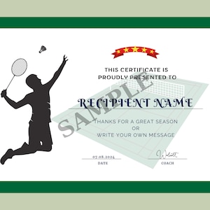 Badminton Player Award Certificate Editable Template, Printable Sports Participation Recognition ...