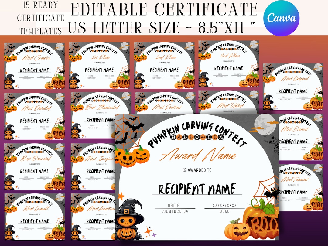Editable Pumpkin Carving Contest Award Certificate Template, Halloween ...