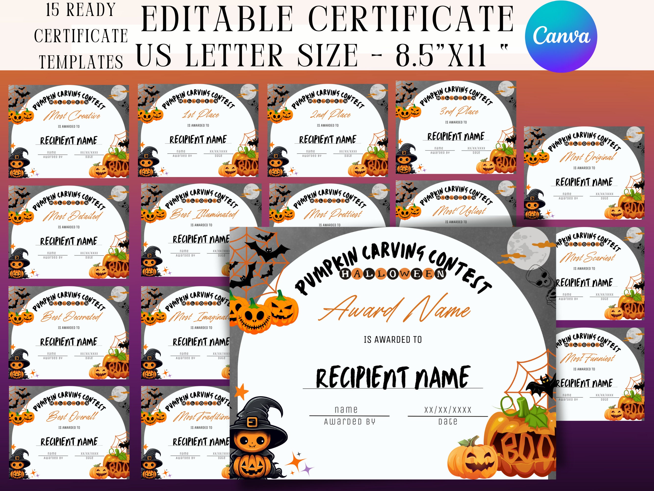 Editable Pumpkin Carving Contest Award Certificate Template, Halloween ...