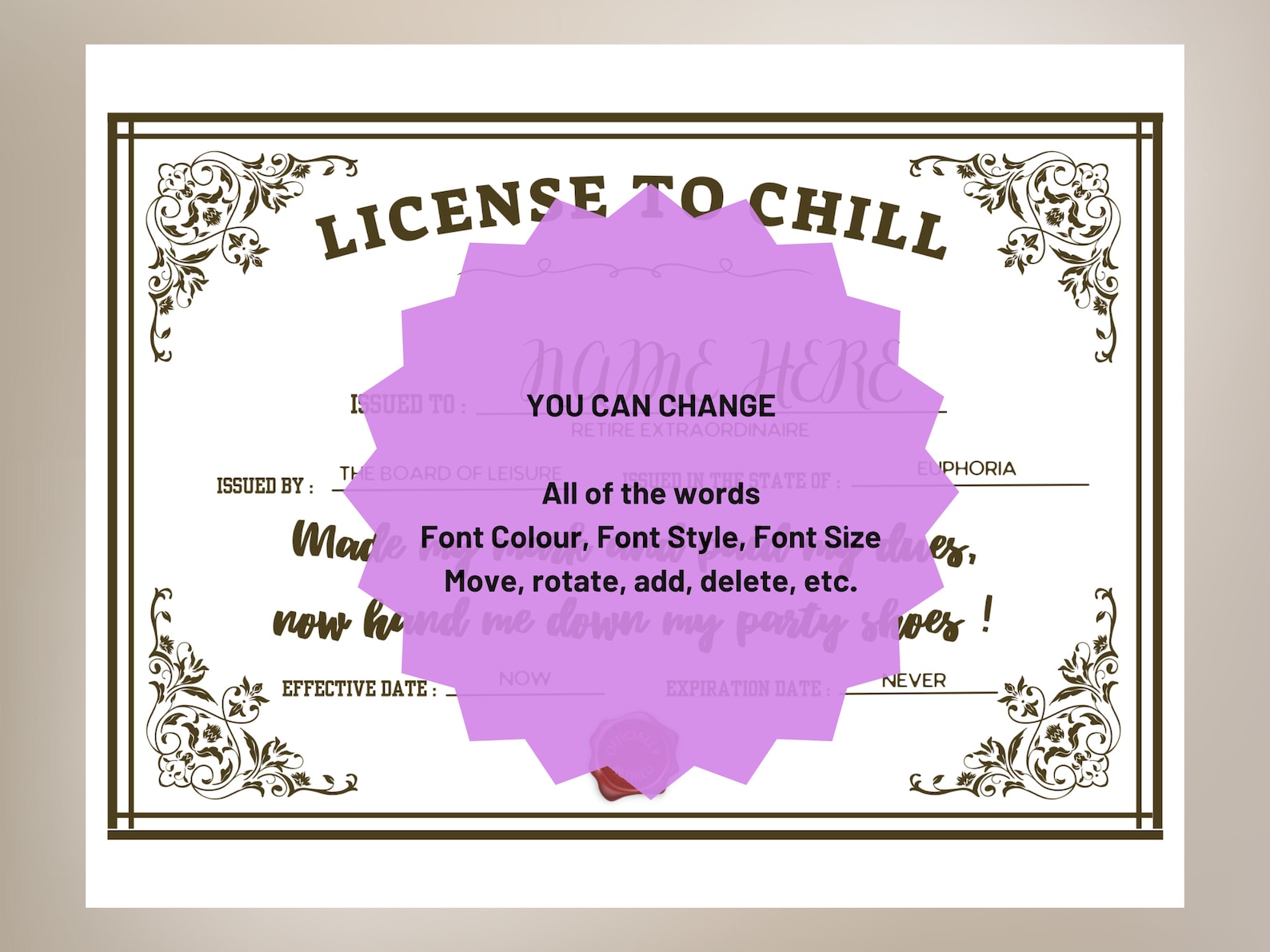 License to Chill Retirement Certificate, Funny Gag Gift (digital ...