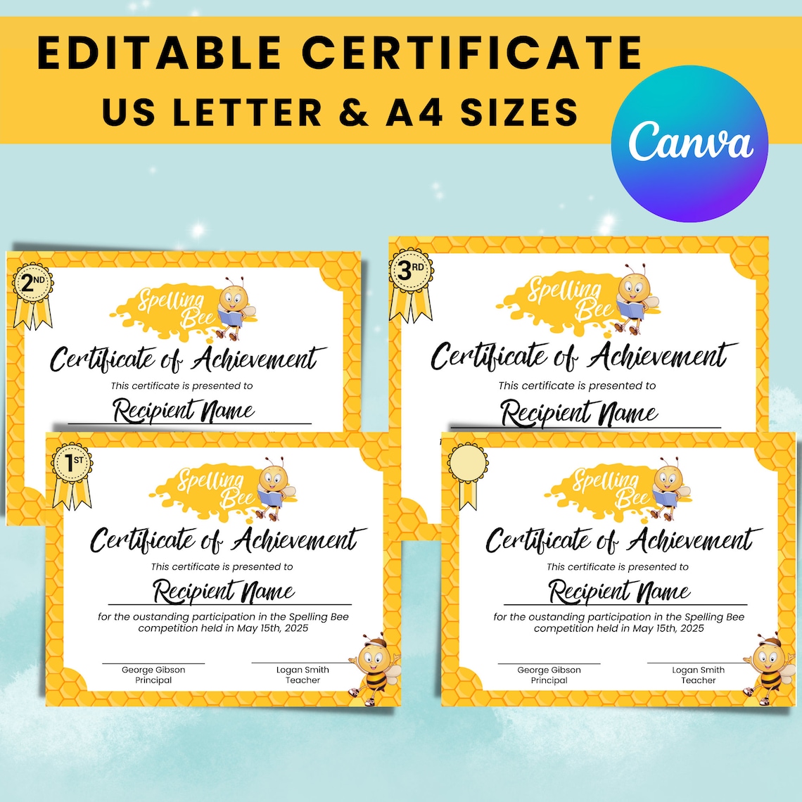 Editable Spelling Bee Certificate Template, Spelling Participant Award ...