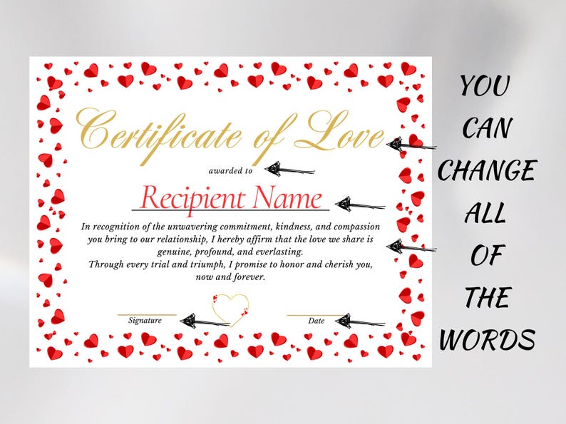 Editable Certificate of Love, Appreciation Award (PDF) - Etsy