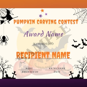 Editable Pumpkin Carving Contest Award Certificate Template, Halloween ...