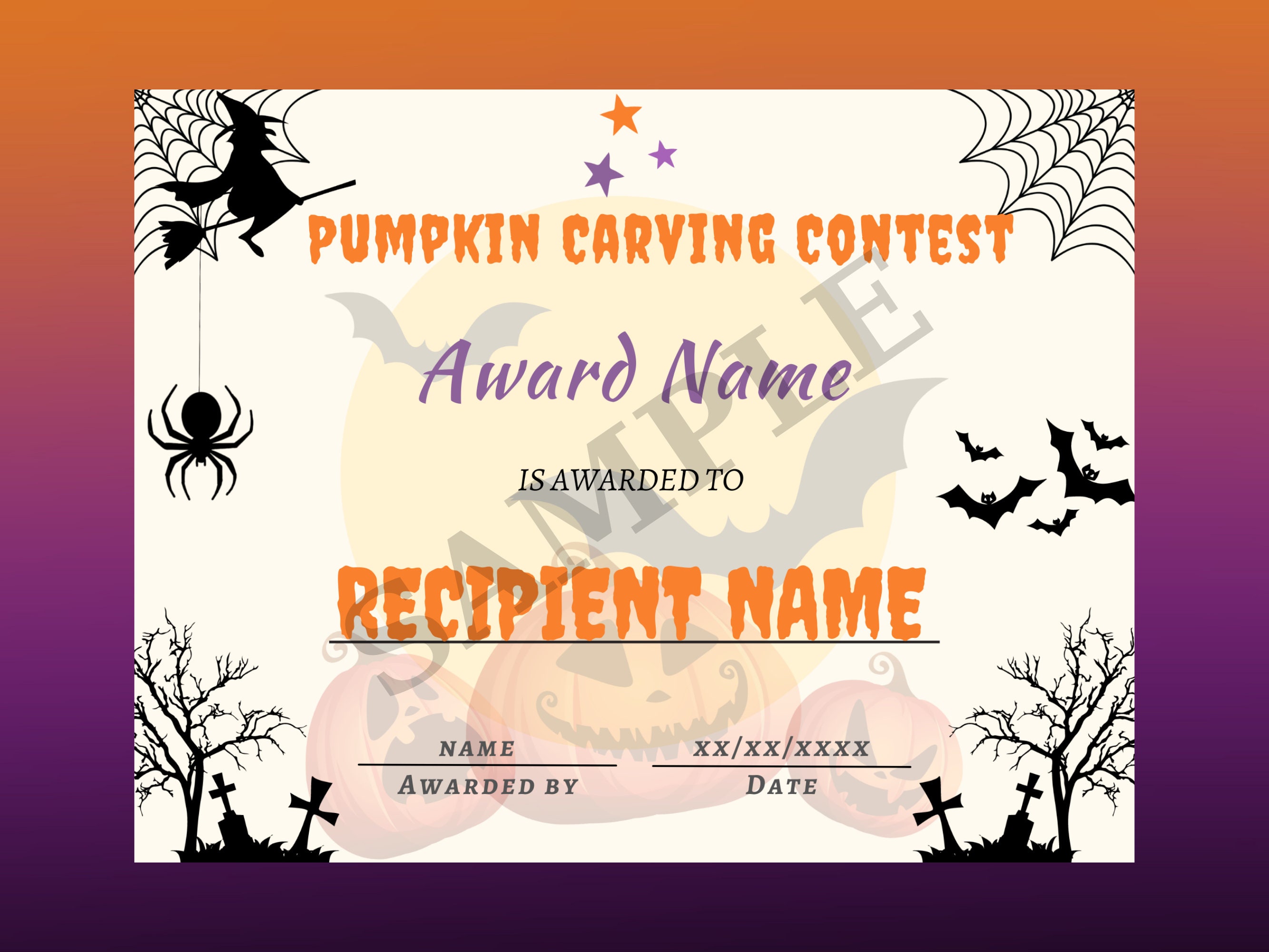 Editable Pumpkin Carving Contest Award Certificate Template, Halloween ...
