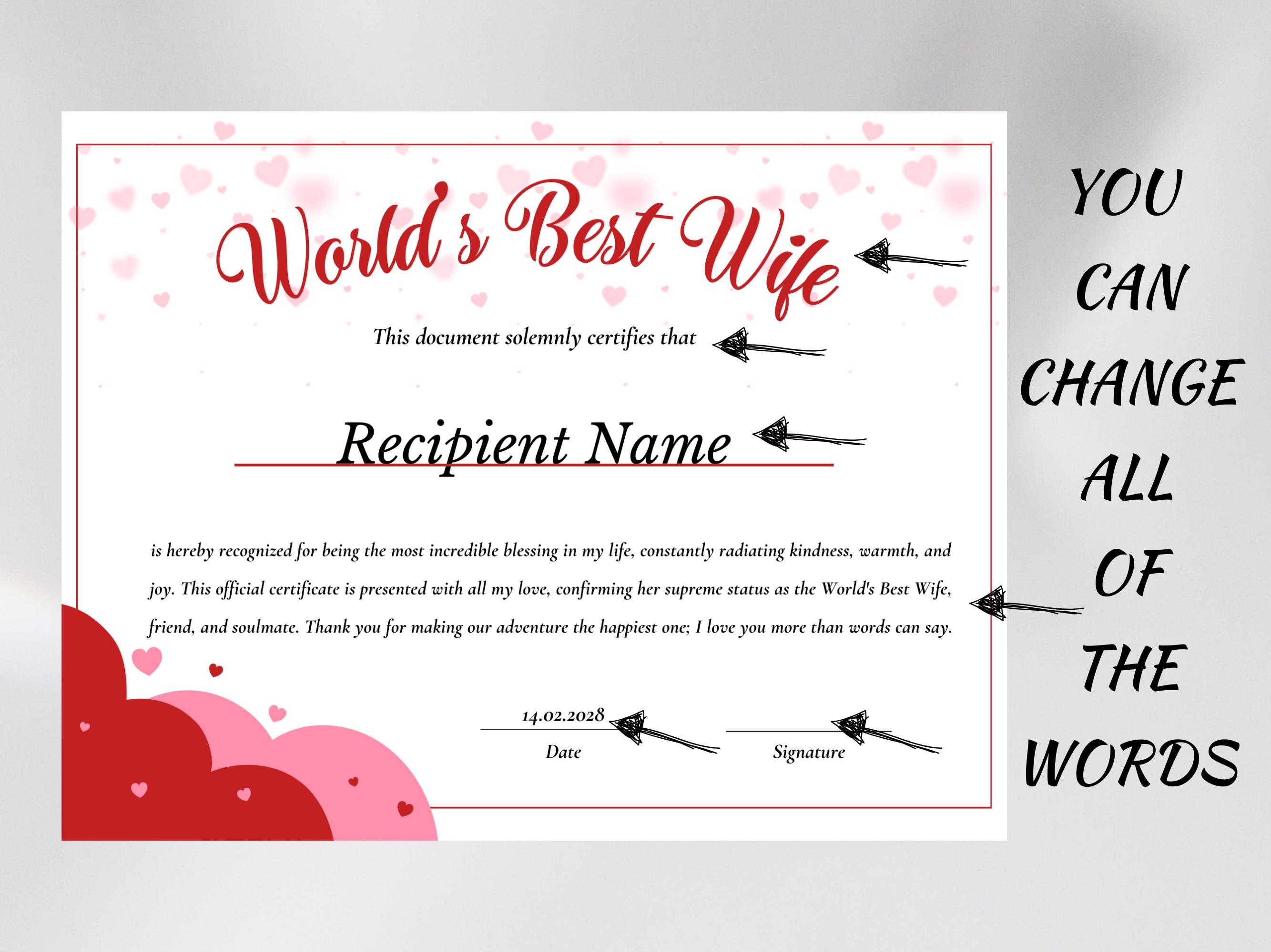 Editable World's Best Wife Certificate | Valentines Day Anniversary ...