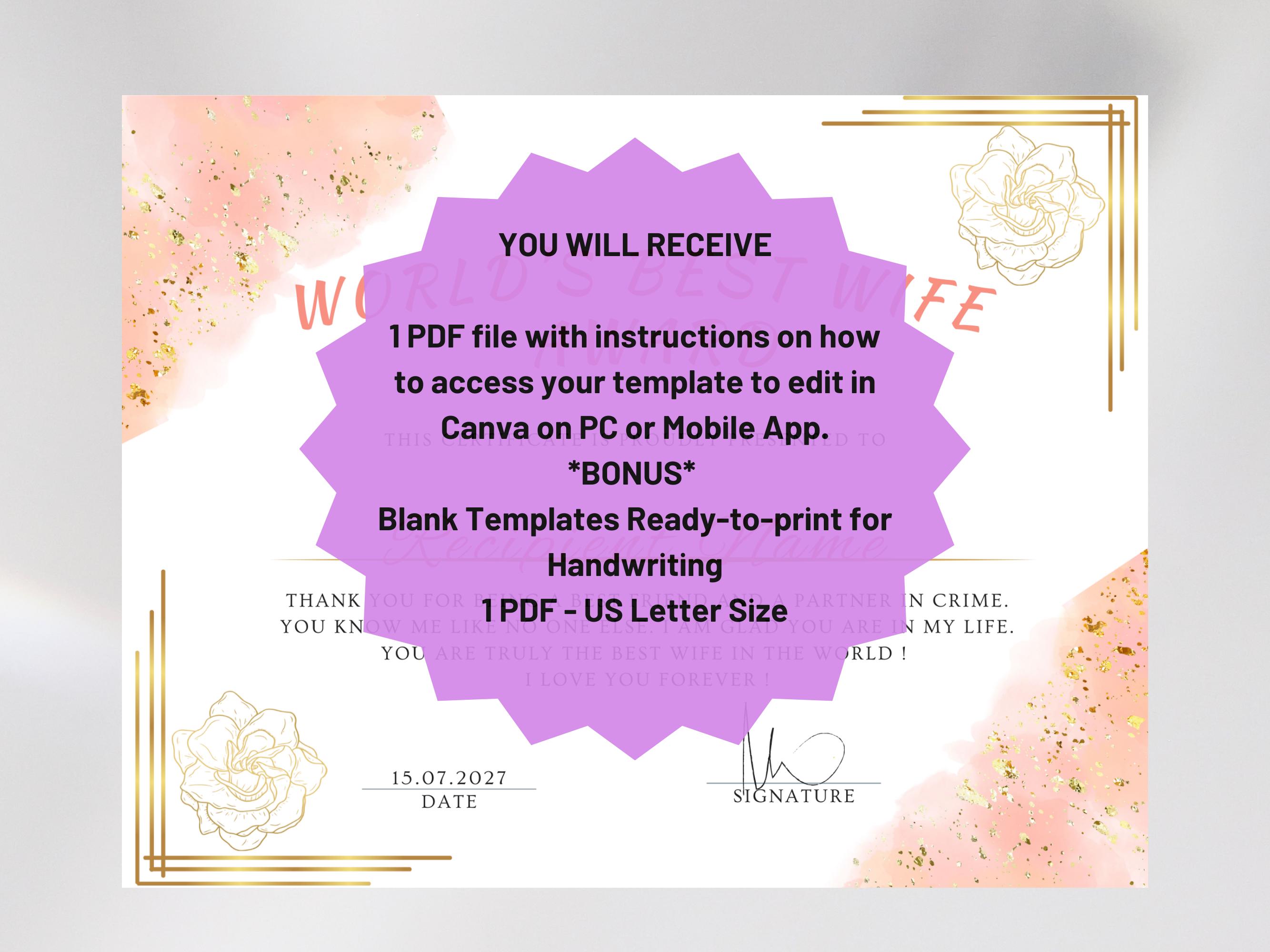 Editable Wife Appreciation Certificate, Pink & Gold Award (digital ...