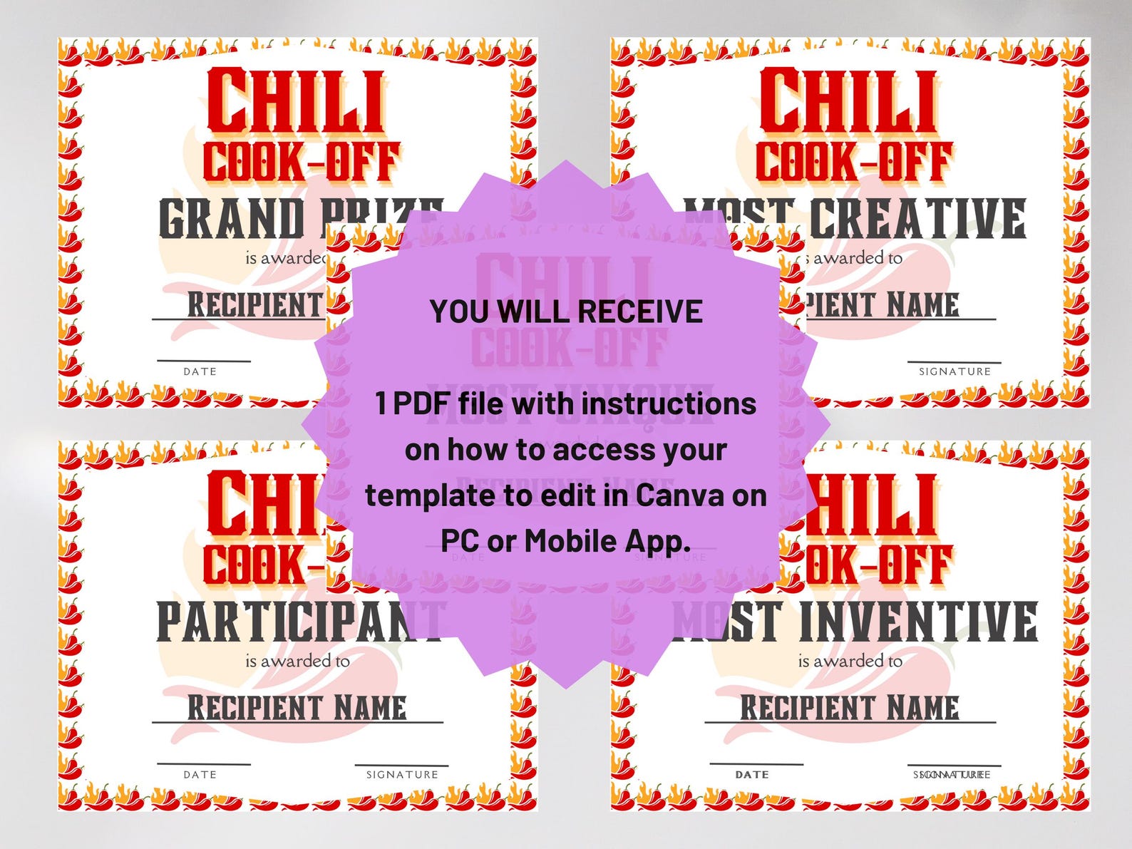 Editable Chili Cook off Award Certificate Template, Chili Contest ...