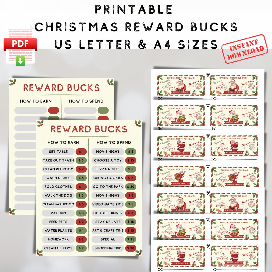 Printable Christmas Reward Bucks for Kids, North Pole Bank Dollar Play ...