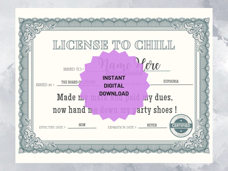 Retirement Gift, License to Chill Certificate, Editable Template ...