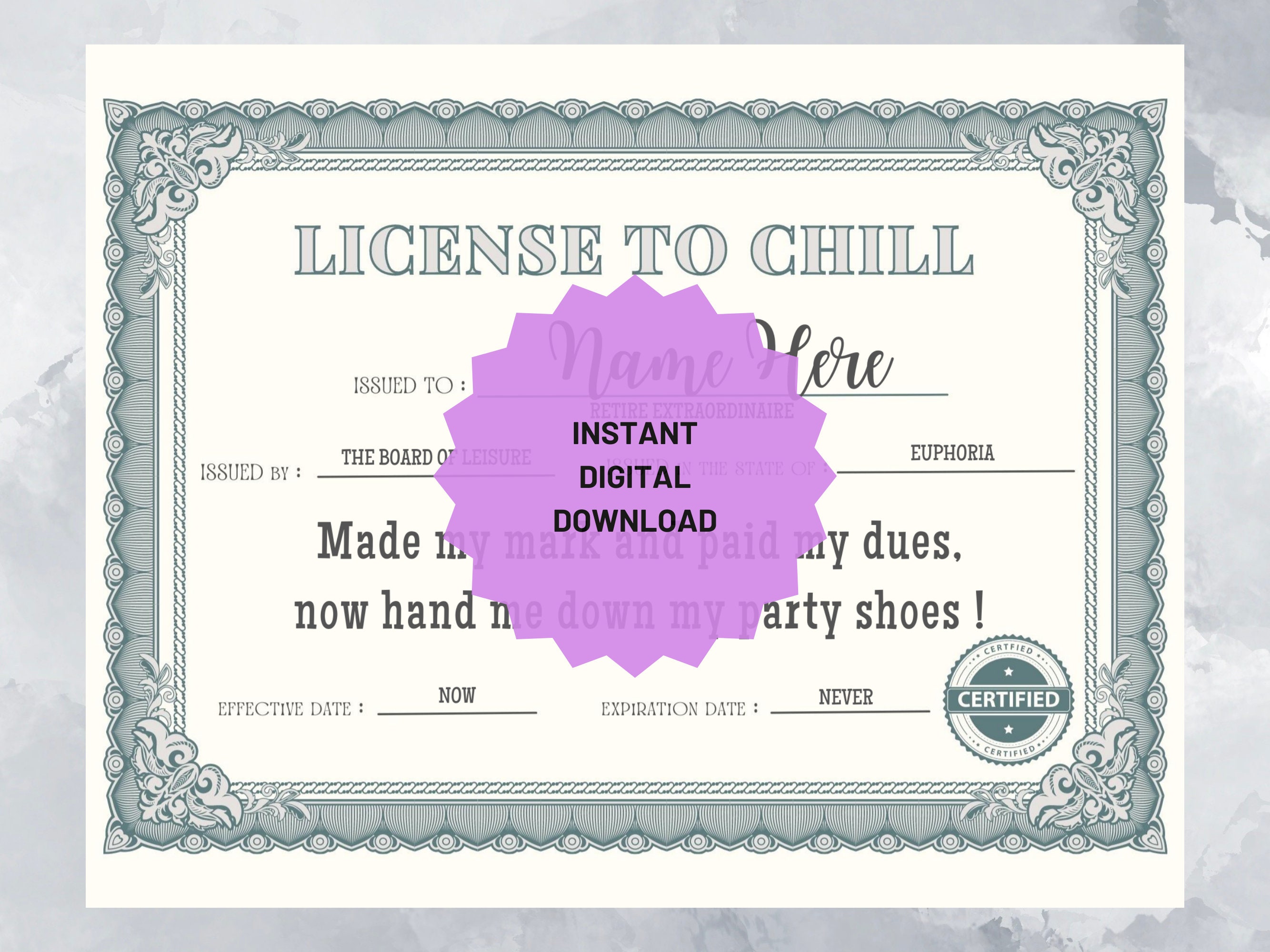 License to Chill Retirement Certificate Editable Custom Retro - Etsy