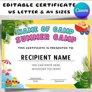 Summer Camp Award Certificate Editable Template, End of Summer Camp ...