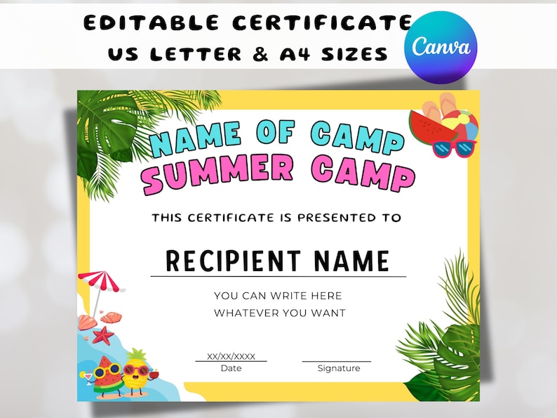Editable Summer Camp Certificate Template, Canva (digital Download) - Etsy