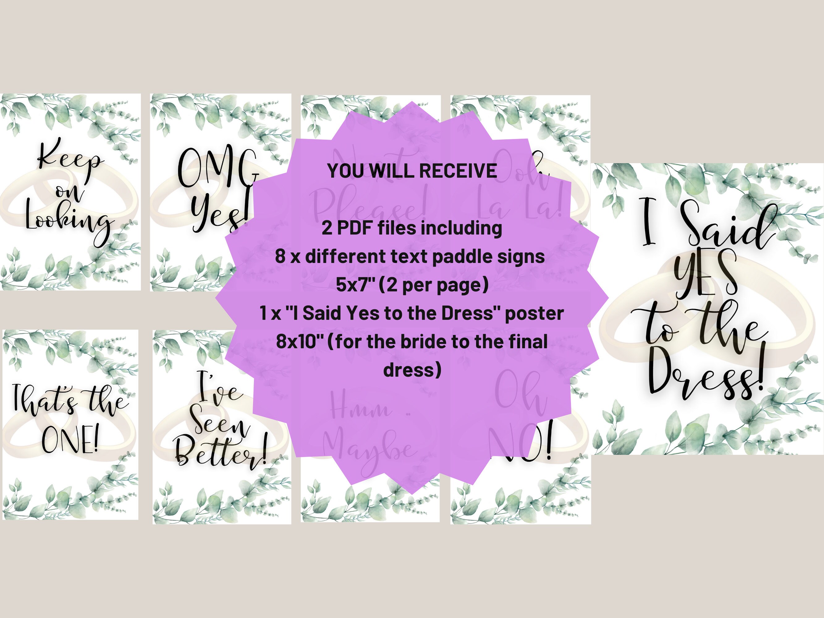 Printable Say Yes to the Dress Signs Green Leafs, Wedding Dress ...