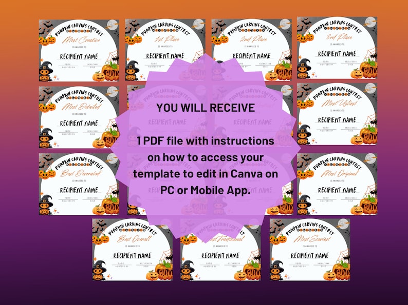 Editable Pumpkin Carving Contest Award Certificate Template, Halloween ...