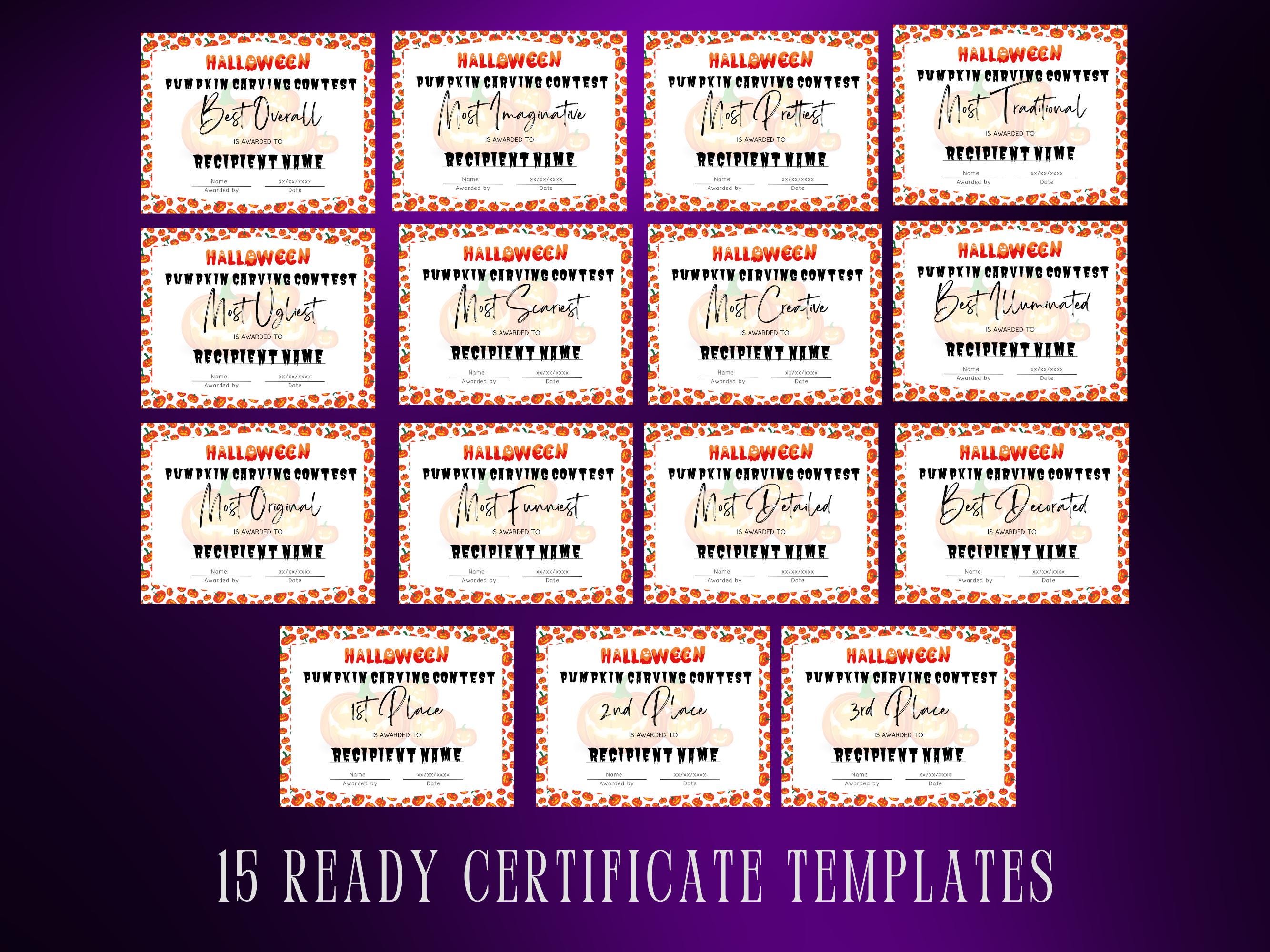 Editable Pumpkin Carving Contest Award Certificate Template, Halloween ...