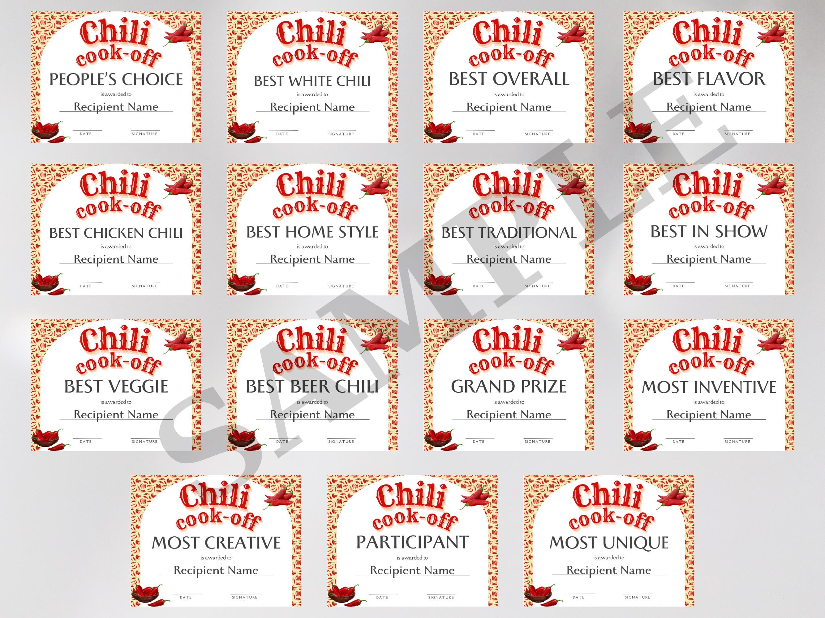 Editable Chili Cook off Award Certificate Template, Chili Contest ...
