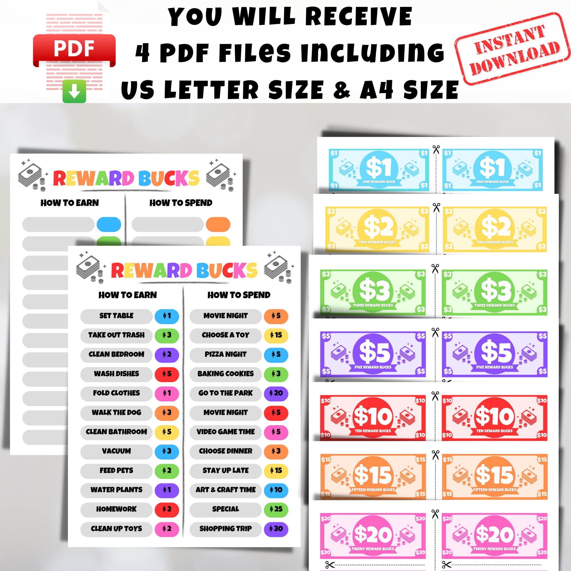 Printable Kids Reward Chart With Reward Bucks Reward Bucks - Etsy
