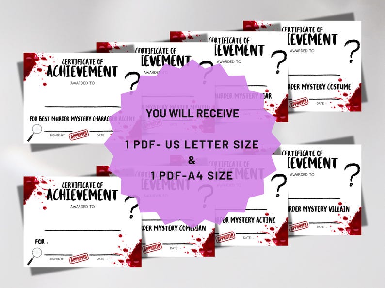 Murder Mystery Award Printable Certificate, Crime Scene Achievement ...