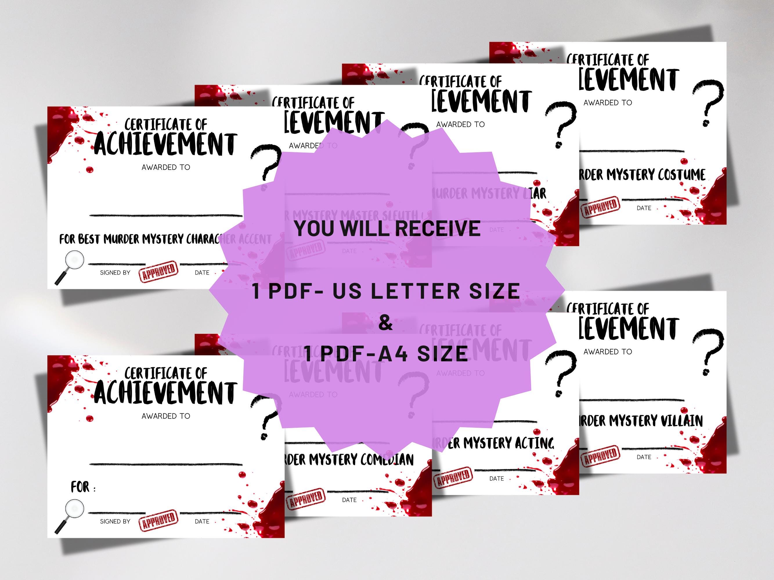 Murder Mystery Award Printable Certificate, Crime Scene Achievement ...