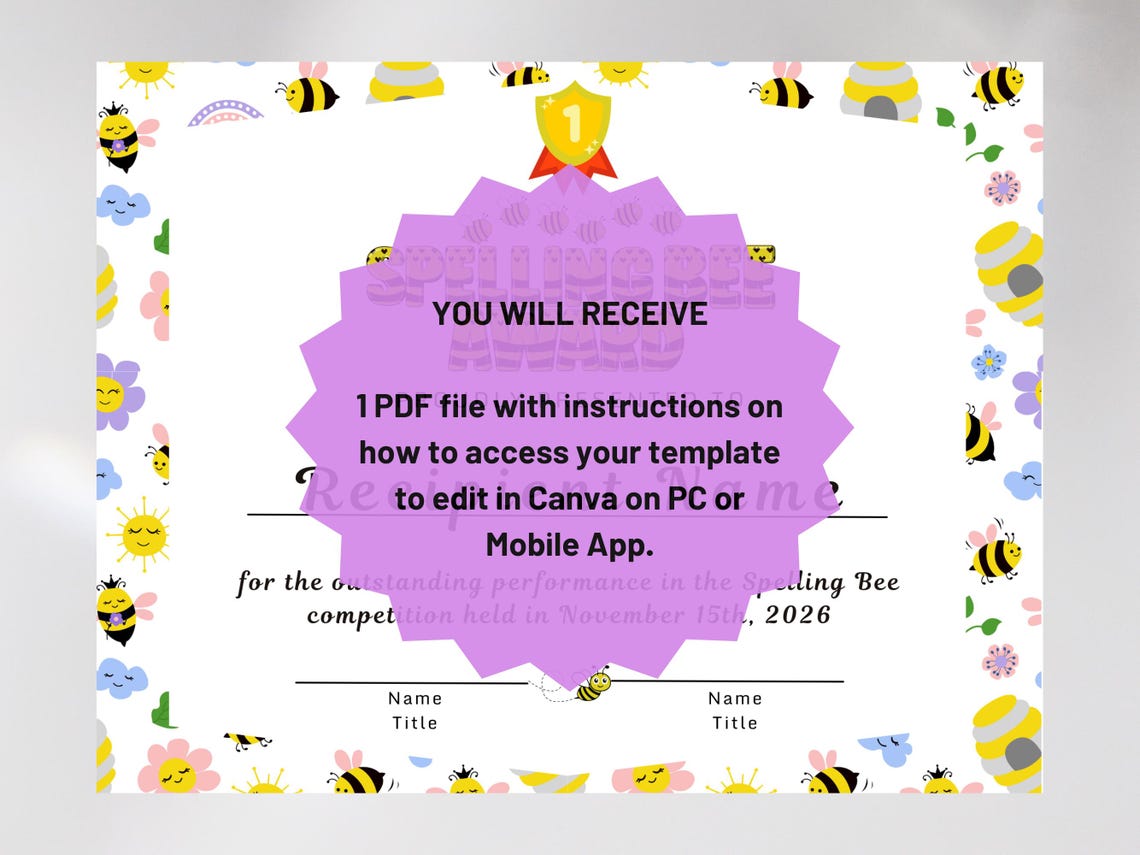 Editable Spelling Bee Certificate Template, Spelling Participant Award ...