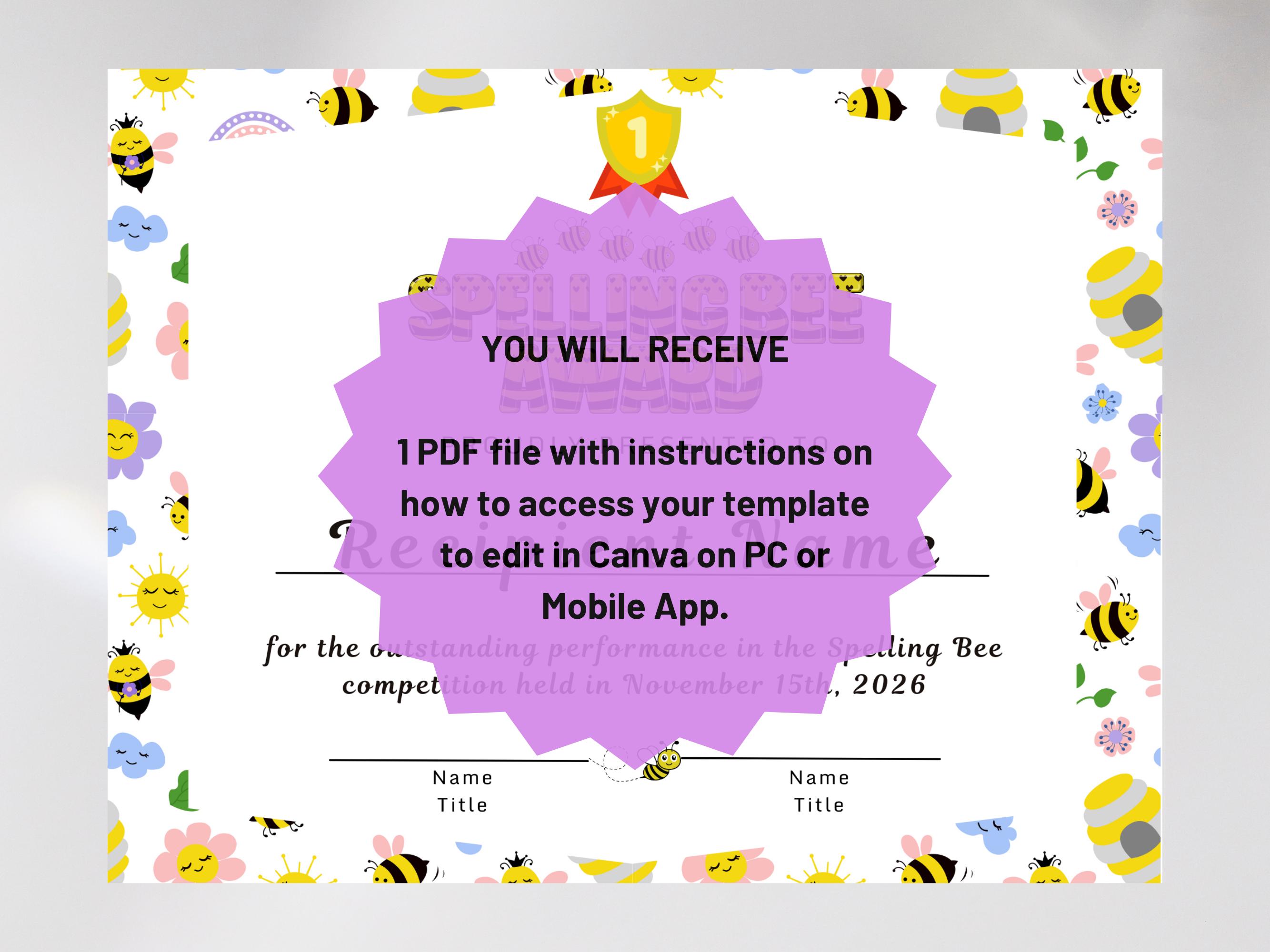 Editable Spelling Bee Certificate Template, Canva Award (digital ...