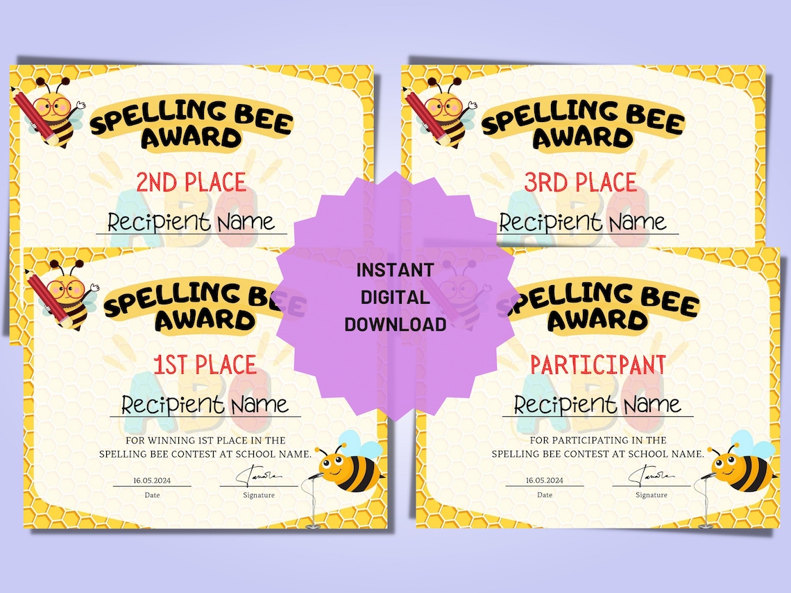 Editable Spelling Bee Certificate Template, Spelling Participant Award ...