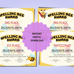 Editable Spelling Bee Certificate Template, Spelling Participant Award ...