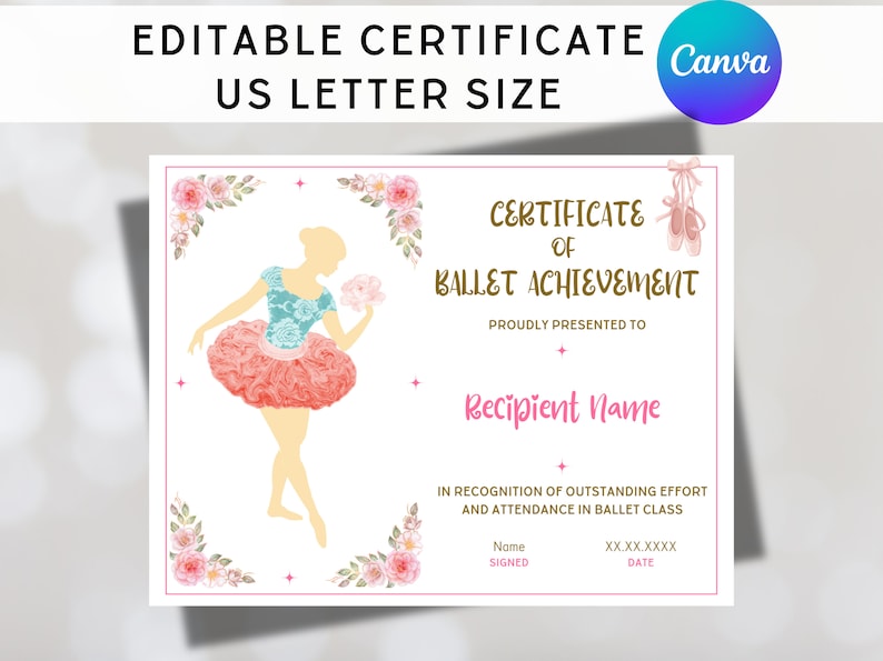 Ballet Class Certificate of Achievement Floral Editable Template ...