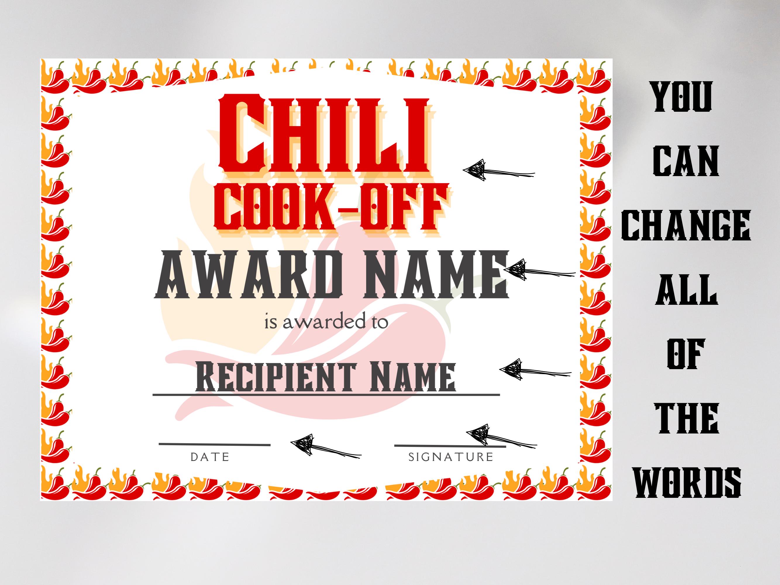 Editable Chili Cook off Award Certificate Template, Chili Contest ...