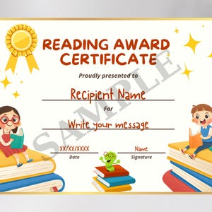 Editable Reading Award Certificate Template, Kids Classroom (digital ...