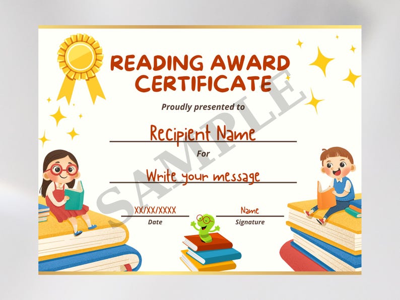 Reading Award Certificate Editable Template, Bookworm Recognition ...