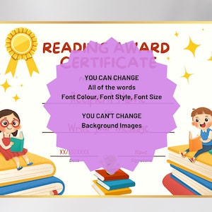 Editable Reading Award Certificate Template, Kids Classroom (digital ...