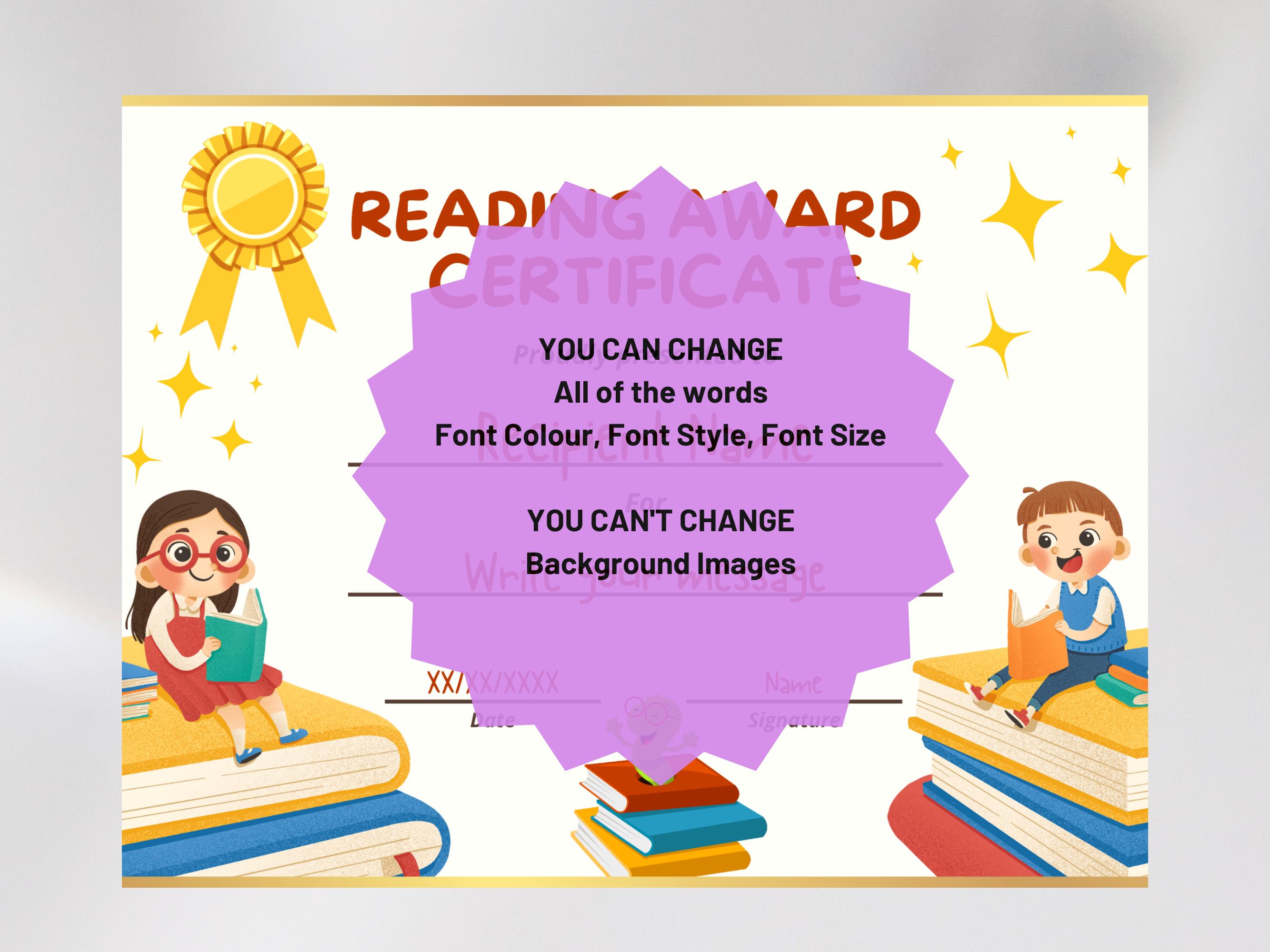 Editable Reading Award Certificate Template, Kids Classroom (digital ...