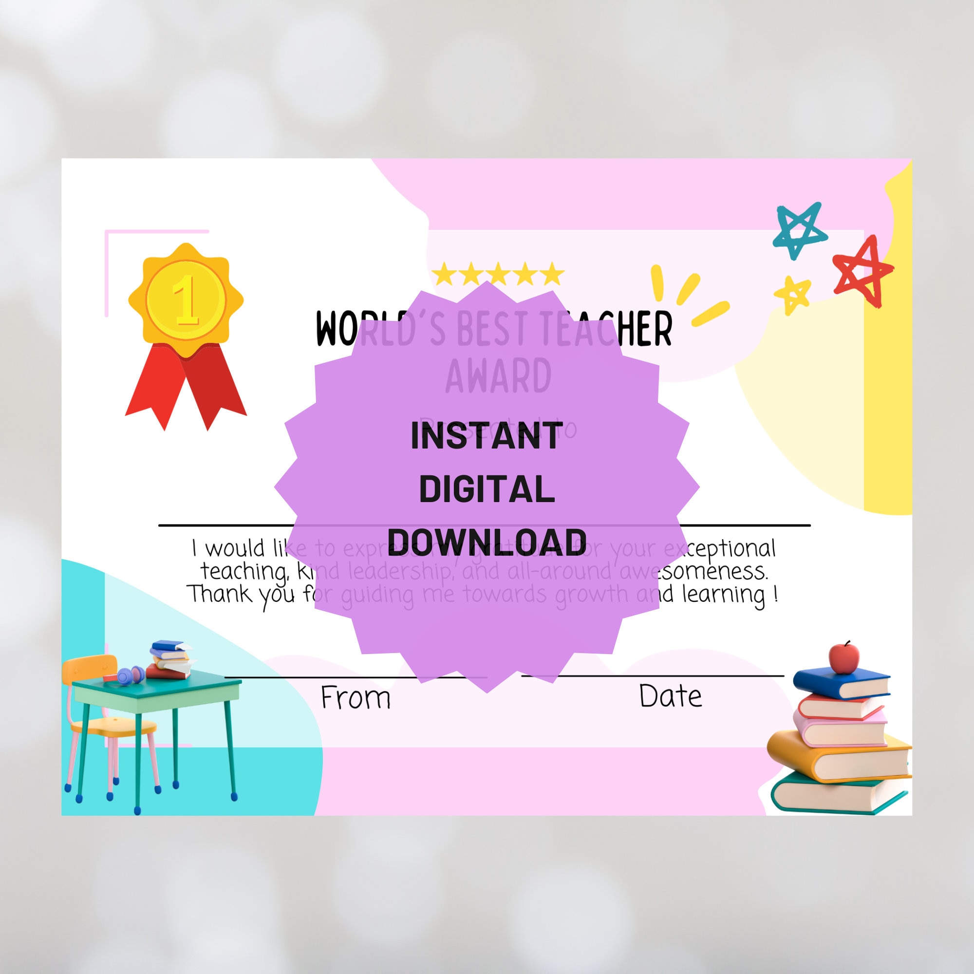 Teacher Appreciation Award Printable, Worlds Best Teacher, Personalized ...