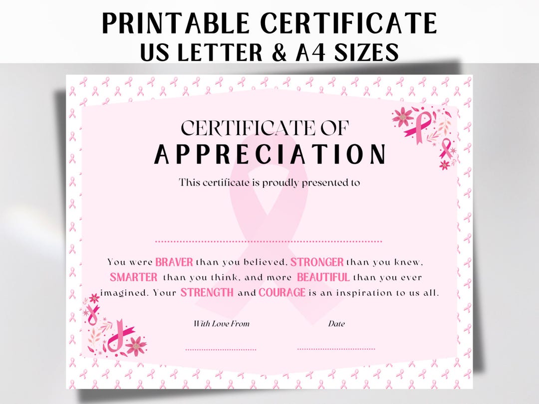 Breast Cancer Fighter Appreciation Certificate Printable, Cancer Free ...
