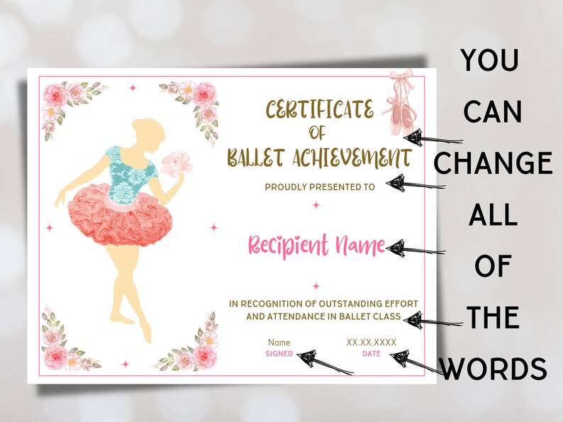 Ballet Class Certificate of Achievement Floral Editable Template ...