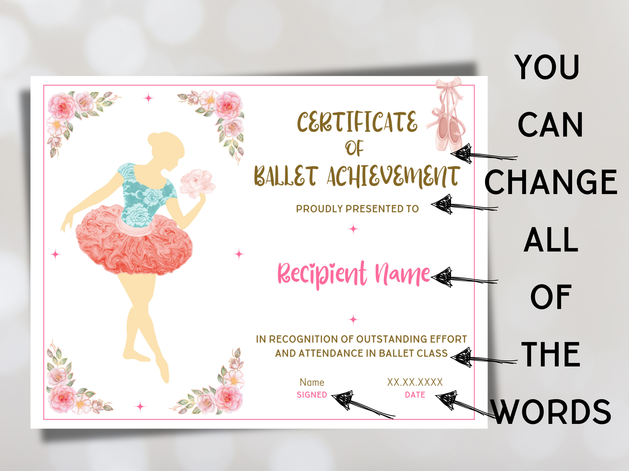 Ballet Class Certificate of Achievement Floral Editable Template ...