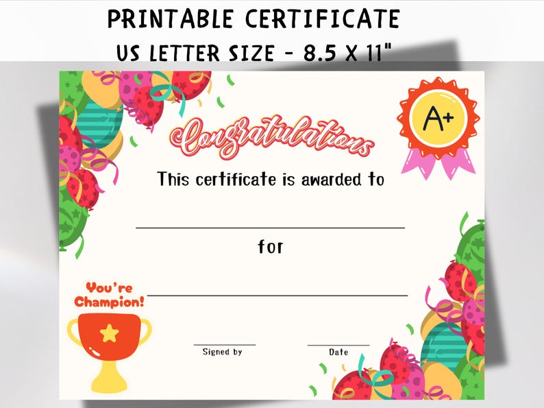 Printable Congratulations Certificate, Kids Award (PDF) - Etsy