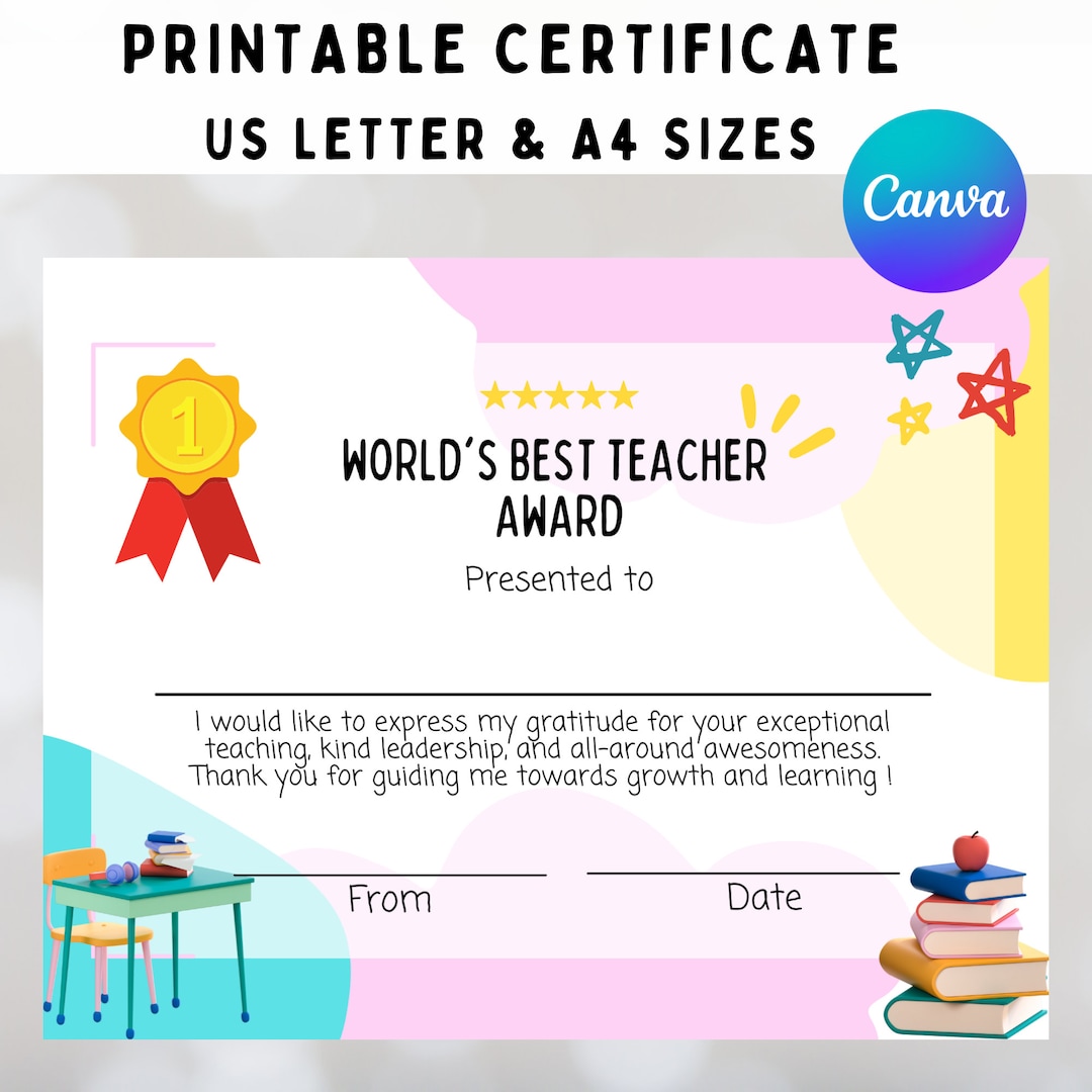 Teacher Appreciation Award Printable Worlds Best Teacher - Etsy
