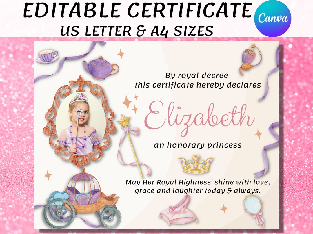 Editable Princess Certificate With Photo Canva Template Royal - Etsy