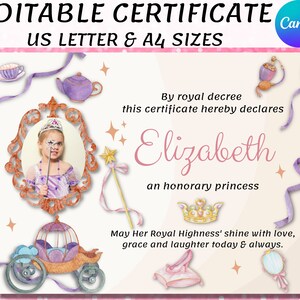 Editable Princess Certificate With Photo Canva Template, Royal Princess ...
