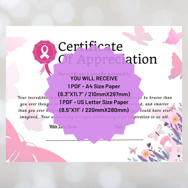 Breast Cancer Fighter Appreciation Certificate Printable, Cancer Free ...