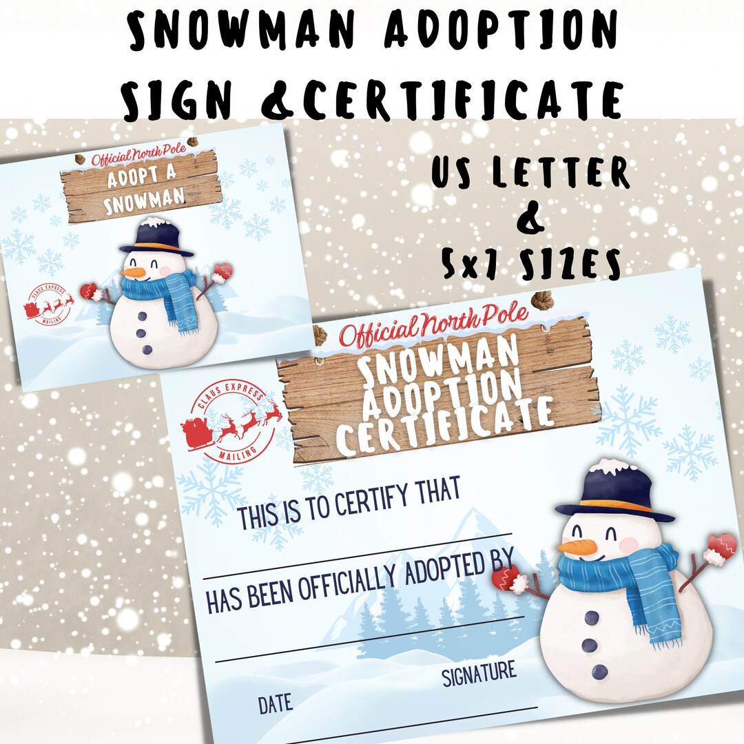 Snowman Adoption Certificate & Sign, Adopt a Snowman, Christmas Holiday ...