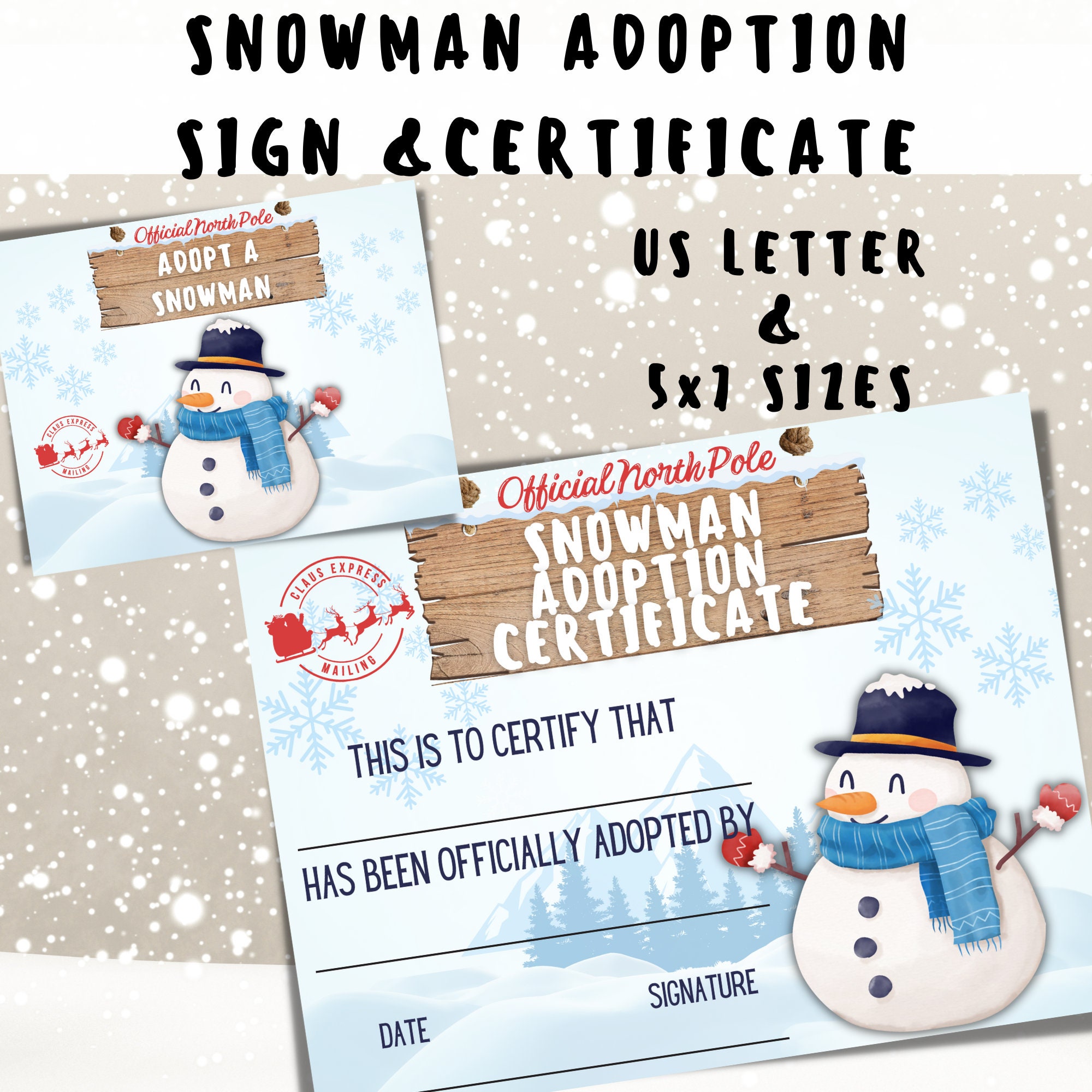 Snowman Adoption Certificate & Sign, Adopt a Snowman, Christmas Holiday ...