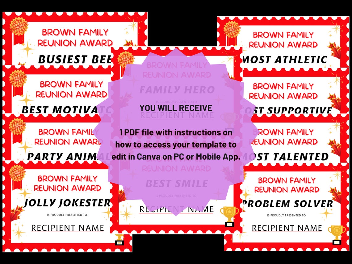 Family Reunion Awards Certificate Editable Bundle, Customizable Family ...