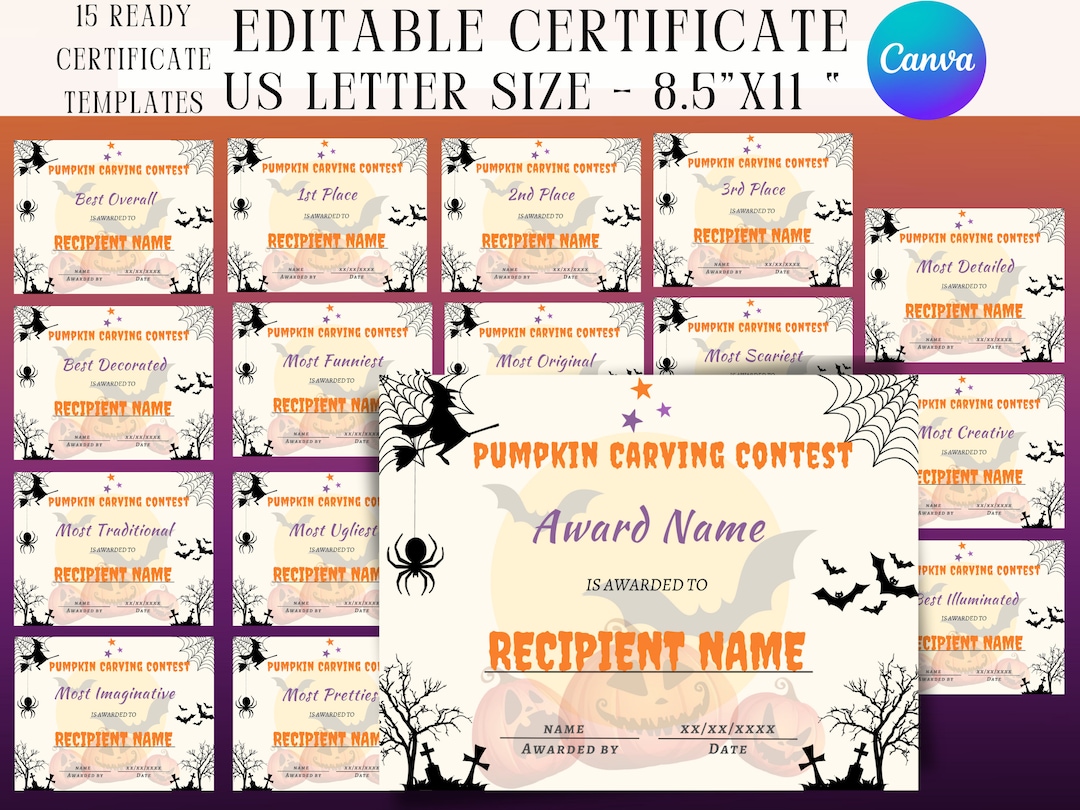 Editable Pumpkin Carving Contest Award Certificate Template, Halloween ...