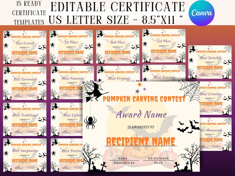 Pumpkin Carving Contest Award Certificate Template (digital Download ...