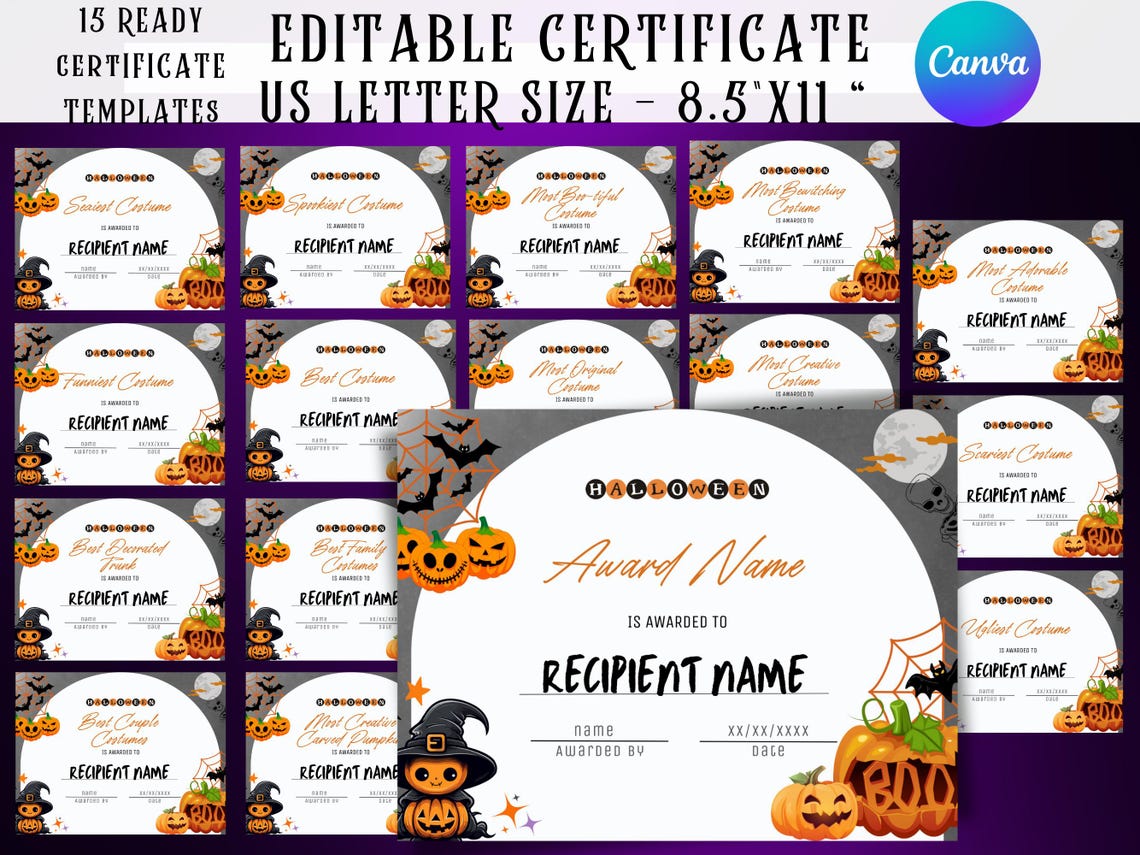 Editable Halloween Costume Award Certificate Template (digital Download ...