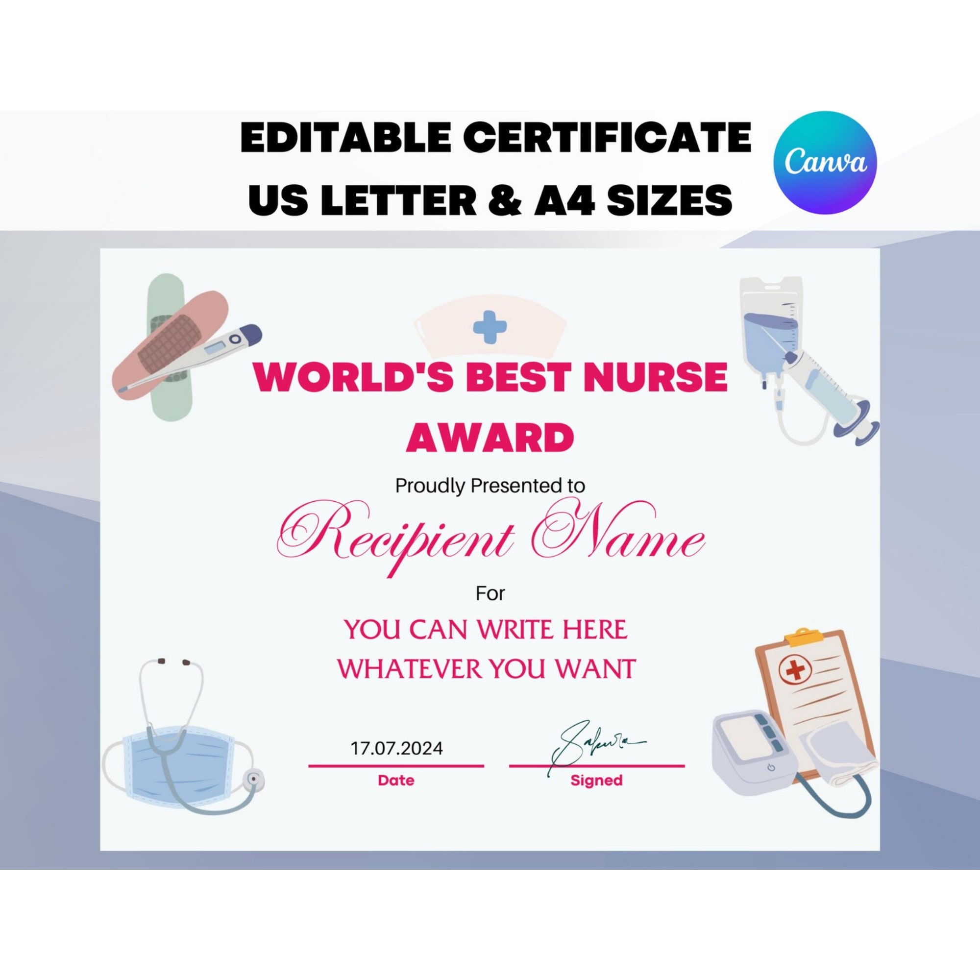 Editable World's Best Nurse Award Certificate Template, Printable ...